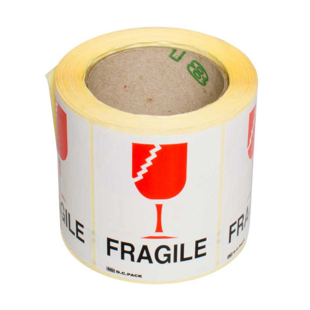 מדבקות כוס FRAGILE - גליל 500 מדבקות - 75X100 מ״מ - די.סי. פאק