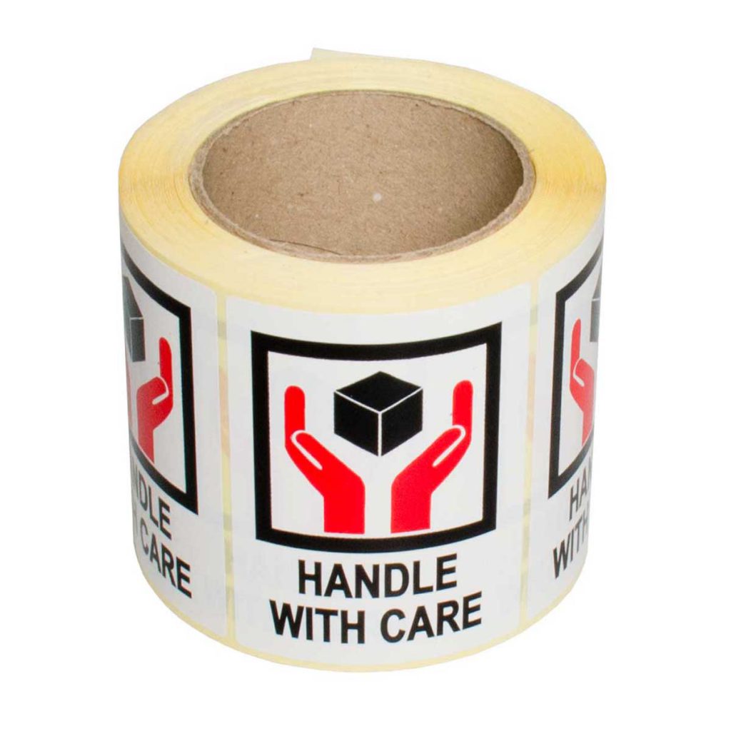 מדבקות HANDLE WITH CARE - גליל 500 מדבקות - 75X100 מ״מ - די.סי. פאק